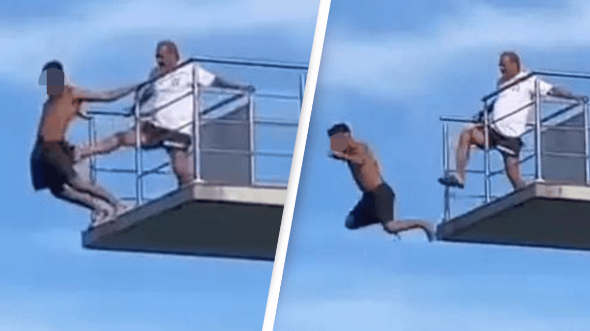 Austrian lifeguard kicks boy off diving board into water after he ...