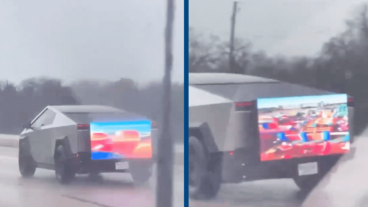 Tesla Cybertruck spotted on freeway with TV strapped to the back