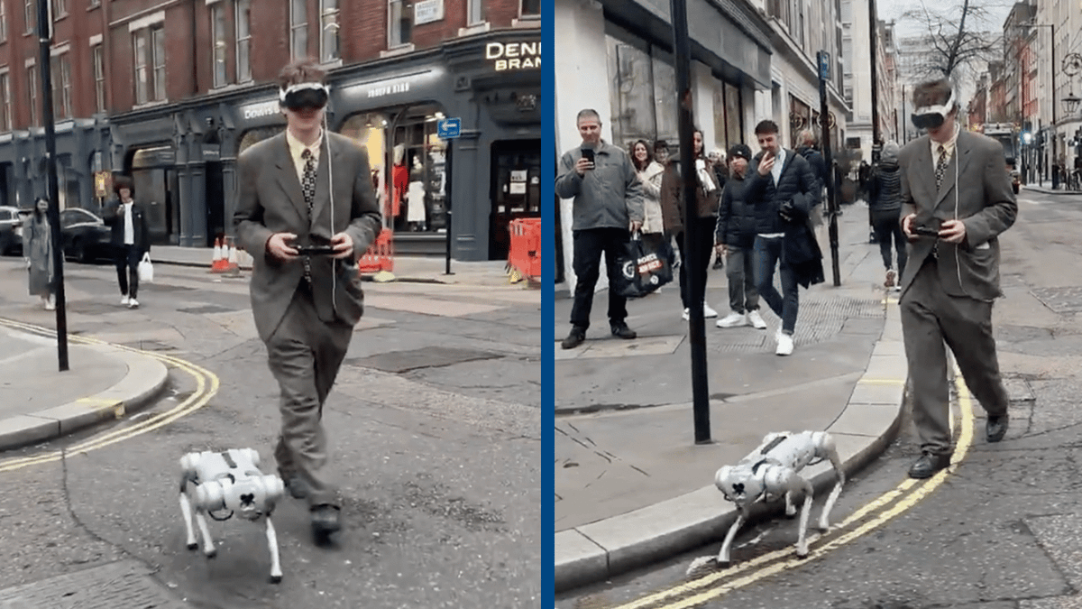 People stop in awe of man wearing Apple Vision Pro to walk his robodog ...