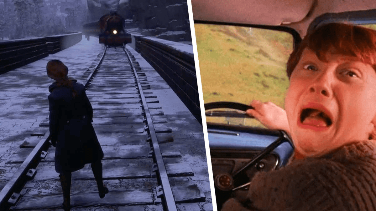 Hogwarts Legacy player tries to get hit by Hogwarts Express