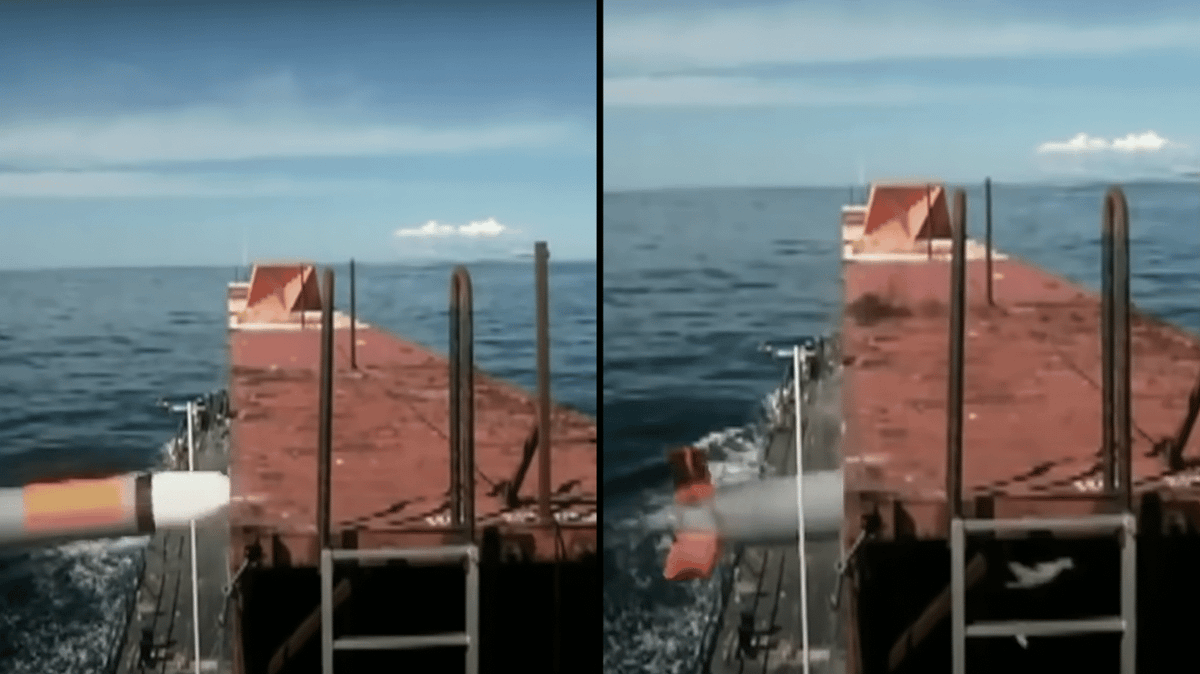 Close-up footage of tomahawk missile nailing shipping container is ...