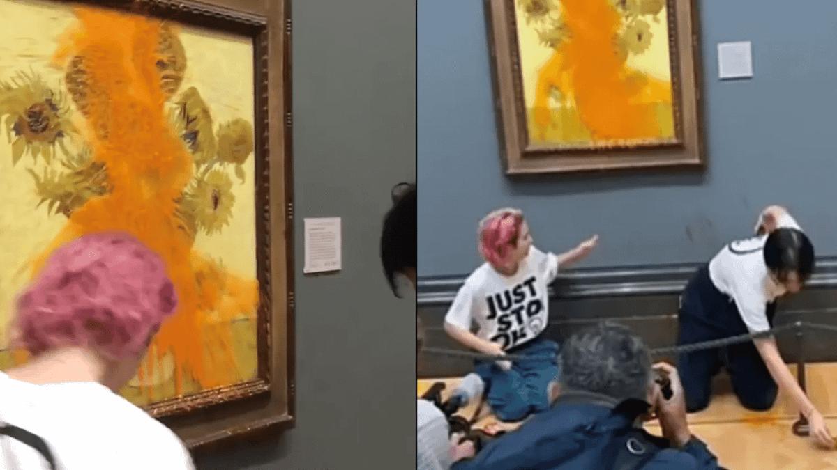 Just Stop Oil activists hurl soup over Van Gogh's famous sunflowers ...